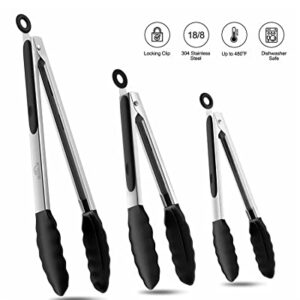 Bnlcd Kitchen Tongs, Premium Stainless Steel Locking Cooking Tongs with Silicone Tips, Non-Slip Food Tongs for Cooking, Heavy Duty, Non-Stick, 480℉, Set of 3-7" 9" and 12" Black