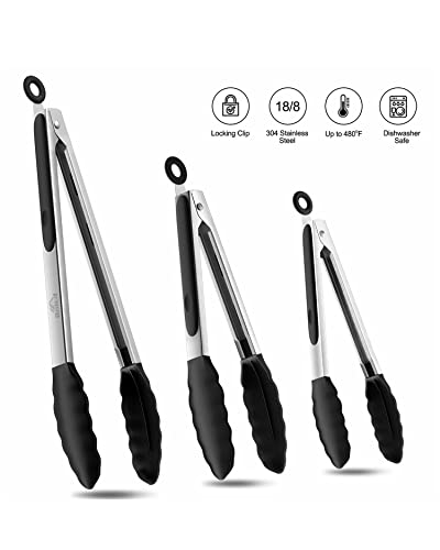 Bnlcd Kitchen Tongs, Premium Stainless Steel Locking Cooking Tongs with Silicone Tips, Non-Slip Food Tongs for Cooking, Heavy Duty, Non-Stick, 480℉, Set of 3-7" 9" and 12" Black