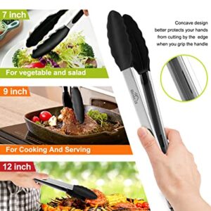 Bnlcd Kitchen Tongs, Premium Stainless Steel Locking Cooking Tongs with Silicone Tips, Non-Slip Food Tongs for Cooking, Heavy Duty, Non-Stick, 480℉, Set of 3-7" 9" and 12" Black