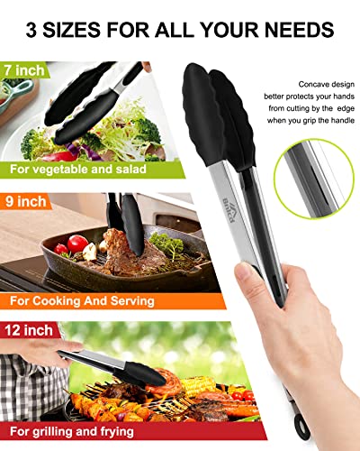 Bnlcd Kitchen Tongs, Premium Stainless Steel Locking Cooking Tongs with Silicone Tips, Non-Slip Food Tongs for Cooking, Heavy Duty, Non-Stick, 480℉, Set of 3-7" 9" and 12" Black