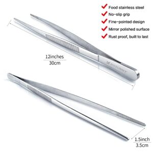 12 Inch Kitchen Tweezers Fine Tweezer Tongs, MSY BIGSUNNY Stainless Steel Food Tweezers Multi-function Precision Serrated Tips Cooking Tongs Kitchen Serving Tong