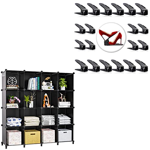 Neprock 20-Pack Black Shoe Slots Organizer Bundle with 16 Cube Closet Organizers