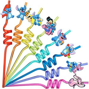 yaooa 24pcs lilo & stitch birthday party supplies reusable drinking straws,8 designs lilo & stitch themed party favors with 2 cleaning brushes, one size