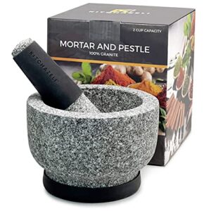 granite mortar and pestle set - large 2 cup stone grinder guacamole bowl and 6 inch pestle - perfect for crushing and grinding herbs and spices to maximize flavor - includes silicone covers