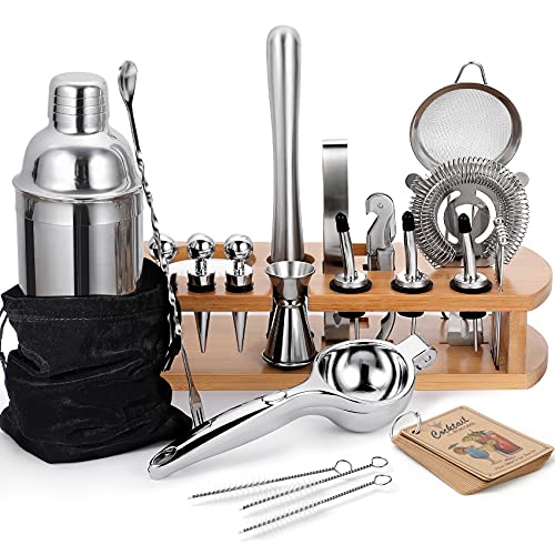 24-Piece Cocktail Shaker Bartender Kit with Stand, 24 oz Martini Shaker, Mixing Spoon, Muddler, Measuring Jigger, Lemon Squeez, Tongs, Corkscrew, Liquor Pourers and More Professional Bar Tools