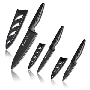 mumulo kitchen knife, chef knife set with sheath, german stainless steel kitchen knife set, 6pcs, 8 inch chef’s knife & 4.5 inch utility knife & 4 inch paring knife & 3 matching knife covers, black.