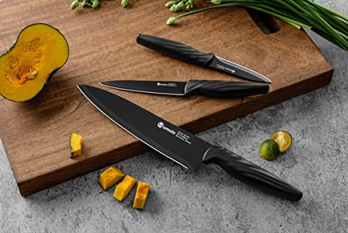 Mumulo Kitchen knife, Chef Knife Set With Sheath, German Stainless Steel Kitchen Knife Set, 6Pcs, 8 Inch Chef’s Knife & 4.5 Inch Utility Knife & 4 Inch Paring Knife & 3 Matching Knife Covers, Black.