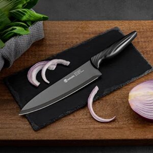 Mumulo Kitchen knife, Chef Knife Set With Sheath, German Stainless Steel Kitchen Knife Set, 6Pcs, 8 Inch Chef’s Knife & 4.5 Inch Utility Knife & 4 Inch Paring Knife & 3 Matching Knife Covers, Black.