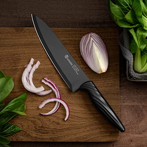 Mumulo Kitchen knife, Chef Knife Set With Sheath, German Stainless Steel Kitchen Knife Set, 6Pcs, 8 Inch Chef’s Knife & 4.5 Inch Utility Knife & 4 Inch Paring Knife & 3 Matching Knife Covers, Black.