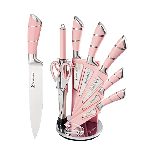 Kitchen Knife Set, Retrosohoo 9-Pieces Pink Sharp Non-Stick Coated Chef Knives Block Set ,Stainless Steel Knife Set for Kitchen with Sharpener for Cutting Slicing Dicing Chopping (Pink)