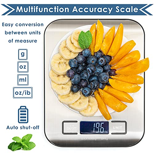 Digital Kitchen Scale Food Multifunction Accuracy Digital Scale LCD Display 11LB 5KG, Food Scales Digital Weight Grams and Oz, Baking Scale, Stainless Steel Small Food Scale by Moss and Stone