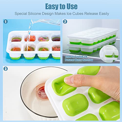 Ice Cube Trays, Easy-Release & Flexible 14-Ice Cube Trays with Spill-Resistant Removable Lid, Ice Trays for Freezer,Silicone Ice Cube Tray,Super Easy Release Stackable BPA Free for Drinks & Cocktail