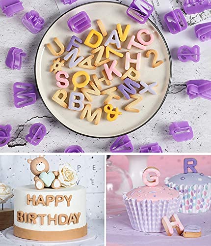 40pcs Alphabet Cookie Cutters Set Purple Plastic Letter Icing Cake Decorating Fondant Number Cutters Mould Tools for Sugarcraft Biscuit Pastry Plunger Baking