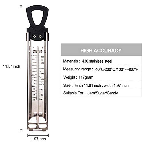 Candy Thermometer Deep Fry/Jam/Sugar/Syrup/Jelly Thermometer with Hanging Hook & Pot Clip Stainless Steel Cooking Thermometer Food Thermometer Quick Reference Temperature Guide,Black