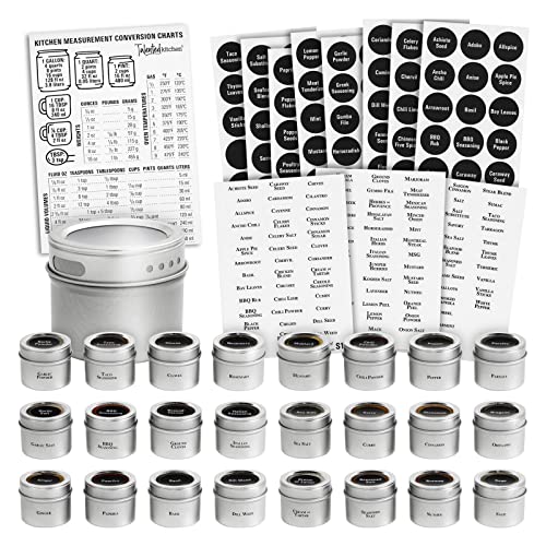 Talented Kitchen 24 Magnetic Spice Jars for Refrigerator, Seasoning Containers with Sift-and-Pour Lids, 269 Preprinted Seasoning Labels, 2 Styles, for 3oz Herb Tins