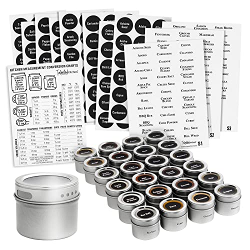 Talented Kitchen 24 Magnetic Spice Jars for Refrigerator, Seasoning Containers with Sift-and-Pour Lids, 269 Preprinted Seasoning Labels, 2 Styles, for 3oz Herb Tins