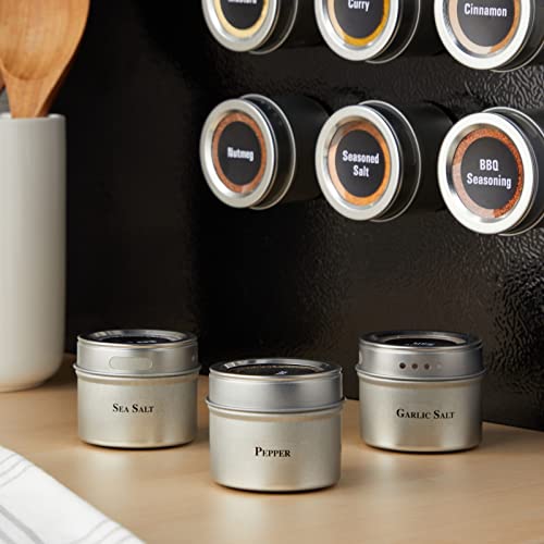 Talented Kitchen 24 Magnetic Spice Jars for Refrigerator, Seasoning Containers with Sift-and-Pour Lids, 269 Preprinted Seasoning Labels, 2 Styles, for 3oz Herb Tins