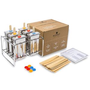 ecozoi stainless steel popsicle molds and rack - 6 square ice pop makers + 30 reusable bamboo sticks + 12 silicone seals + 1 cleaning brush +1 rack