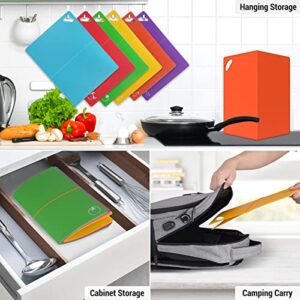 Kitchen Cutting Board Set Plastic - Extra Thick Foldable Flexible Cutting Mat for Cooking, Non-Slip Chopping Board for Camping with Colored Food Icons & Easy-Grip Handles, Dishwasher Safe, Set of 6