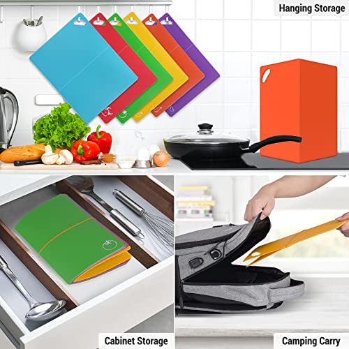 Kitchen Cutting Board Set Plastic - Extra Thick Foldable Flexible Cutting Mat for Cooking, Non-Slip Chopping Board for Camping with Colored Food Icons & Easy-Grip Handles, Dishwasher Safe, Set of 6