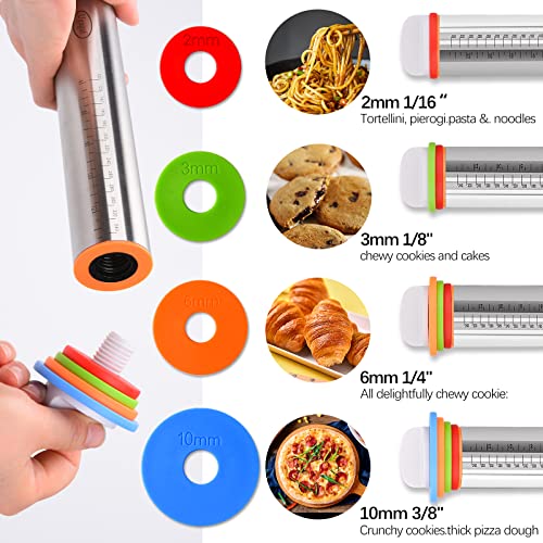 Rolling Pin with Thickness Rings Adjustable Rolling Pin Stainless Steel Rolling Pin with Silicone Cake Pad for Baking Soft Candy, Pizza, Pastry, Pasta, Biscuit Baker Gift