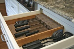 deluxe knifedock - in-drawer kitchen knife storage (15 in x 13 in x 2.5 in)- easily identify your knives at a glance. frees up your counter space. cork composite material never dulls your blades.