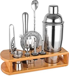 cocktail shaker set bartender kit : 12-piece bar tool set with bamboo stand | bar set with all practical bar accessories, for drink mixing, bar, home, lounge & party (silver)