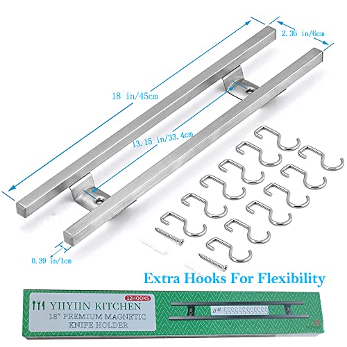 18 Inch Magnetic Knife Holder for Wall Mount-Magnetic Knife Strips with 12 Hook-304 Stainless Steel Wall Magnetic Knife Bar Rack-Knife Block-Knife Rack-Utensil Hanger-Kitchen Utensil Holder