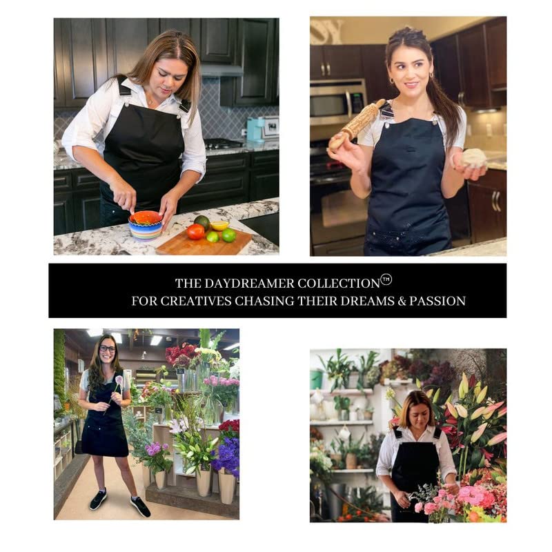 The Daydreamer Collection Cross-back Apron for Women-Black Apron with Large Pockets-Adjustable Work Apron for Stylist, Florist & Kitchen