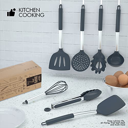 Dishwasher Safe Silicone Cooking Utensils - Heat Resistant Kitchen Utensil Set with Stainless Steel Handle, Spatula,Turner, Slotted Spoon,Tong, Kitchen Gadgets for Non-Stick Cookware, BPA FREE (Grey)