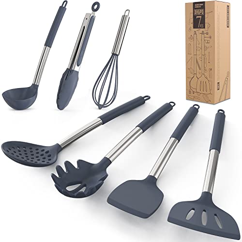 Dishwasher Safe Silicone Cooking Utensils - Heat Resistant Kitchen Utensil Set with Stainless Steel Handle, Spatula,Turner, Slotted Spoon,Tong, Kitchen Gadgets for Non-Stick Cookware, BPA FREE (Grey)