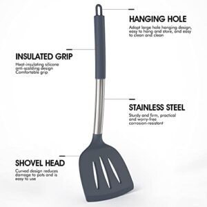 Dishwasher Safe Silicone Cooking Utensils - Heat Resistant Kitchen Utensil Set with Stainless Steel Handle, Spatula,Turner, Slotted Spoon,Tong, Kitchen Gadgets for Non-Stick Cookware, BPA FREE (Grey)