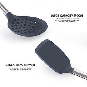 Dishwasher Safe Silicone Cooking Utensils - Heat Resistant Kitchen Utensil Set with Stainless Steel Handle, Spatula,Turner, Slotted Spoon,Tong, Kitchen Gadgets for Non-Stick Cookware, BPA FREE (Grey)