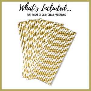 Just Artifacts Premium Disposable Drinking Striped Paper Straws (100pcs, Metallic Gold)