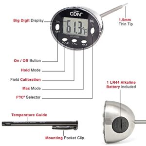 CDN ProAccurate® Waterproof Digital Thermometer with Protective Sheath, Easy to Read Display, 5" Stem with Thin Tip Probe, Black Display (DTQ450X)