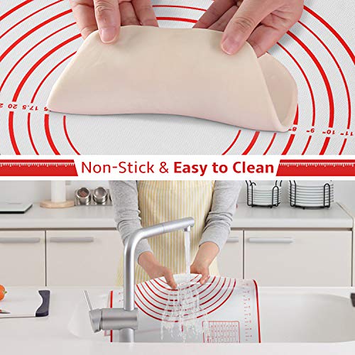 Silicone Baking Mat Non Slip Pastry Mat with Measurement Non Stick BPA Free Baking Mat Sheet for Rolling Dough Counter Cookies Pie, 24 x 16 Inches Red (with 1 Dough Scraper)