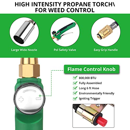 Sondiko Propane Torch Kit, Weed Torch, Heavy Duty Blow Torch with High Output 800,000 BTU, 6.5FT Hose, Flame control valve for Garden Stumps Wood Ice Snow Roofing