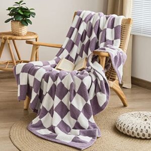 vctops Buffalo Check Plush Throw Blanket Purple and White Checkered Bed Blankets Lightweight Cozy Soft Decorative Knitted Blanket for Sofa Couch Bed (Purple,51"x63")