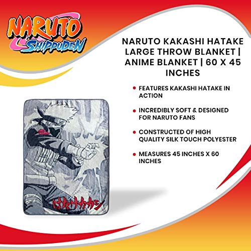 JUST FUNKY Naruto Kakashi Hatake Anime Fleece Throw Blanket | Naruto Blanket Kakashi Sensei Soft Blankets and Throws | Official Naruto Throw Blanket | Measures 60 x 45 Inches