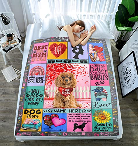 PREZZY Personalized Gifts for Best Dog Mom Ever Throw Blanket Cute Cavalier King Charles Spaniel Happy for Mom Mama Grandma Birthday Gifts Idea for Couch Sofa Bed Soft Throw Blanket