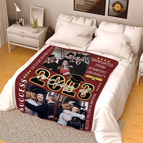 Caisuedawn Custom Class of 2023 Graduate Blanket with Photo Personalized Name of School Throw Blanket for Sofa Couch Customized Graduation Gifts for Him Her 2023 70 inches 80 inches