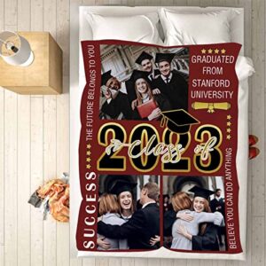 Caisuedawn Custom Class of 2023 Graduate Blanket with Photo Personalized Name of School Throw Blanket for Sofa Couch Customized Graduation Gifts for Him Her 2023 70 inches 80 inches