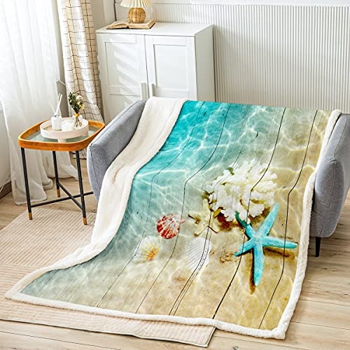 Feelyou Ocean Sherpa Blanket Coastal Beach Fleece Throw Blanket Starfish Shell Pattern Plush Blankets and Throws Summer Fuzzy Blanket for Bed Sofa Couch 90" x 90"