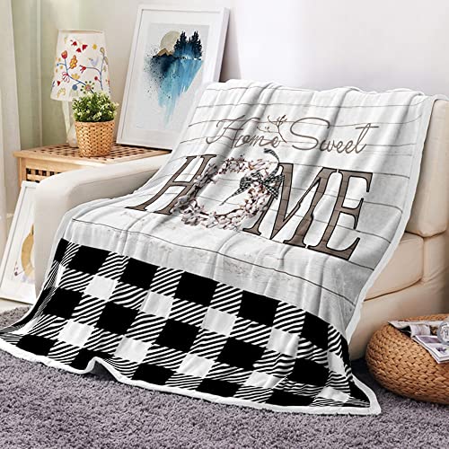 Black White Buffalo Check Plaid Chunky Throw Blanket for Couch Bedroom Bedding Decor Office, Rustic Floral Farmhouse Soft Thick Flannel Bed Blanket Decorations (640 Grams 50X60 Inches)