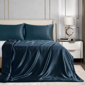 homiest 90"x90" duvet cover for weighted blanket, deep sea blue satin weighted blanket cover with 8 ties, silky & removable zippered duvet cover heavy blanket duvet cover for adults