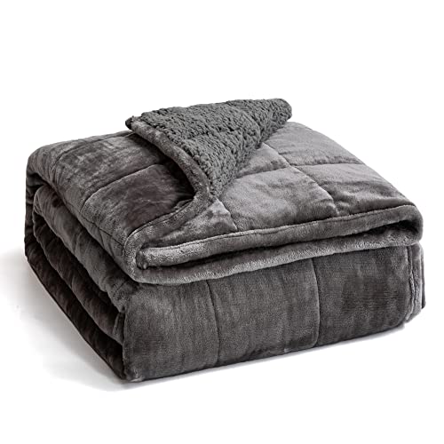 Pawque Sherpa Fleece Weighted Blanket 15lbs Twin Size 48 x 72 Inches, Super Soft Cozy Hug Weighted Blanket for Adults, Fuzzy Fluffy Sherpa Flannel Blanket for Bed Couch Chair, Dual Side Grey