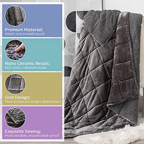 Pawque Sherpa Fleece Weighted Blanket 15lbs Twin Size 48 x 72 Inches, Super Soft Cozy Hug Weighted Blanket for Adults, Fuzzy Fluffy Sherpa Flannel Blanket for Bed Couch Chair, Dual Side Grey