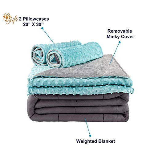 Secura Everyday Luxury Premium Adult Weighted Blanket & Removable Green Minky Cover & 2 Pillowcases (20 lbs 60 x 80 Queen Size, 100% Cotton Material with Glass Beads)