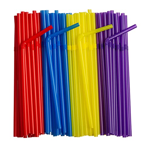 [250 Count] Flexible Disposable Plastic Drinking Straws - 7.75" High - Assorted Colors