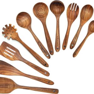 Wooden Spoons for Cooking,10 Pcs Natural Teak Wooden Kitchen Utensils Set Wooden Utensils for Cooking Wooden Cooking Utensils Wooden Spatulas for Cooking